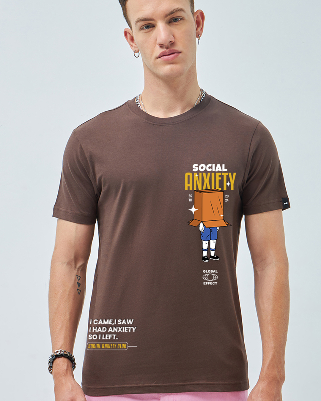 Buy Men's Chocolate Brown Social Anxiety Graphic Printed T-shirt Online ...