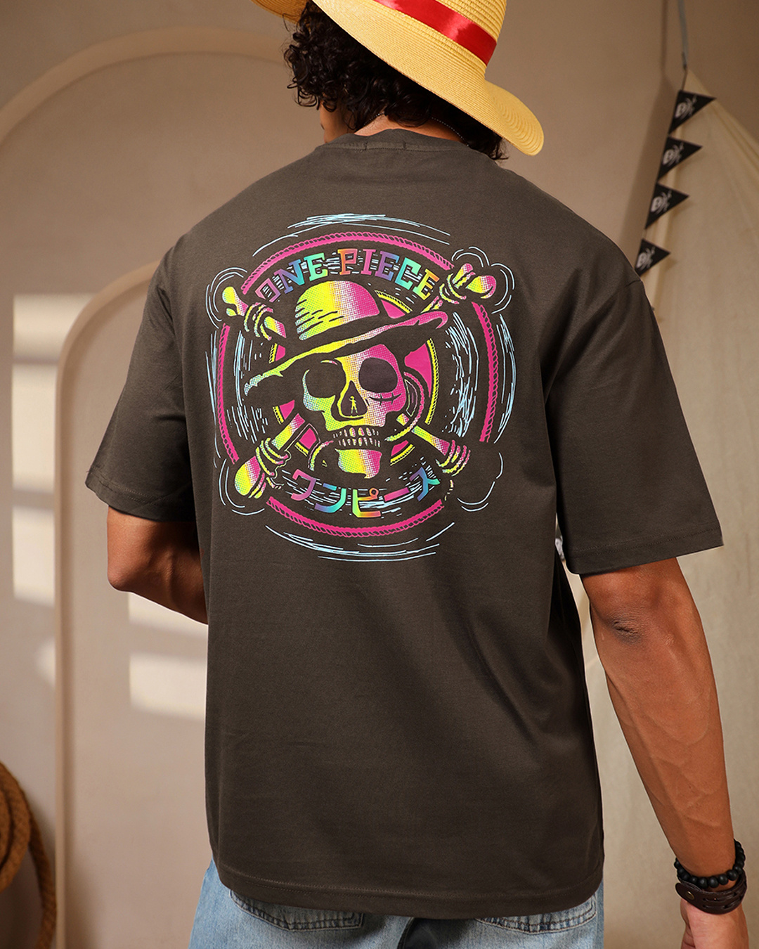 Buy Men's Chocolate Brown Straw Hat Crew Graphic Printed Oversized T ...