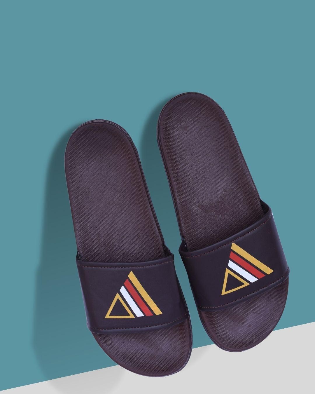 Buy Men's Brown Triangle Printed Sliders Online in India at Bewakoof