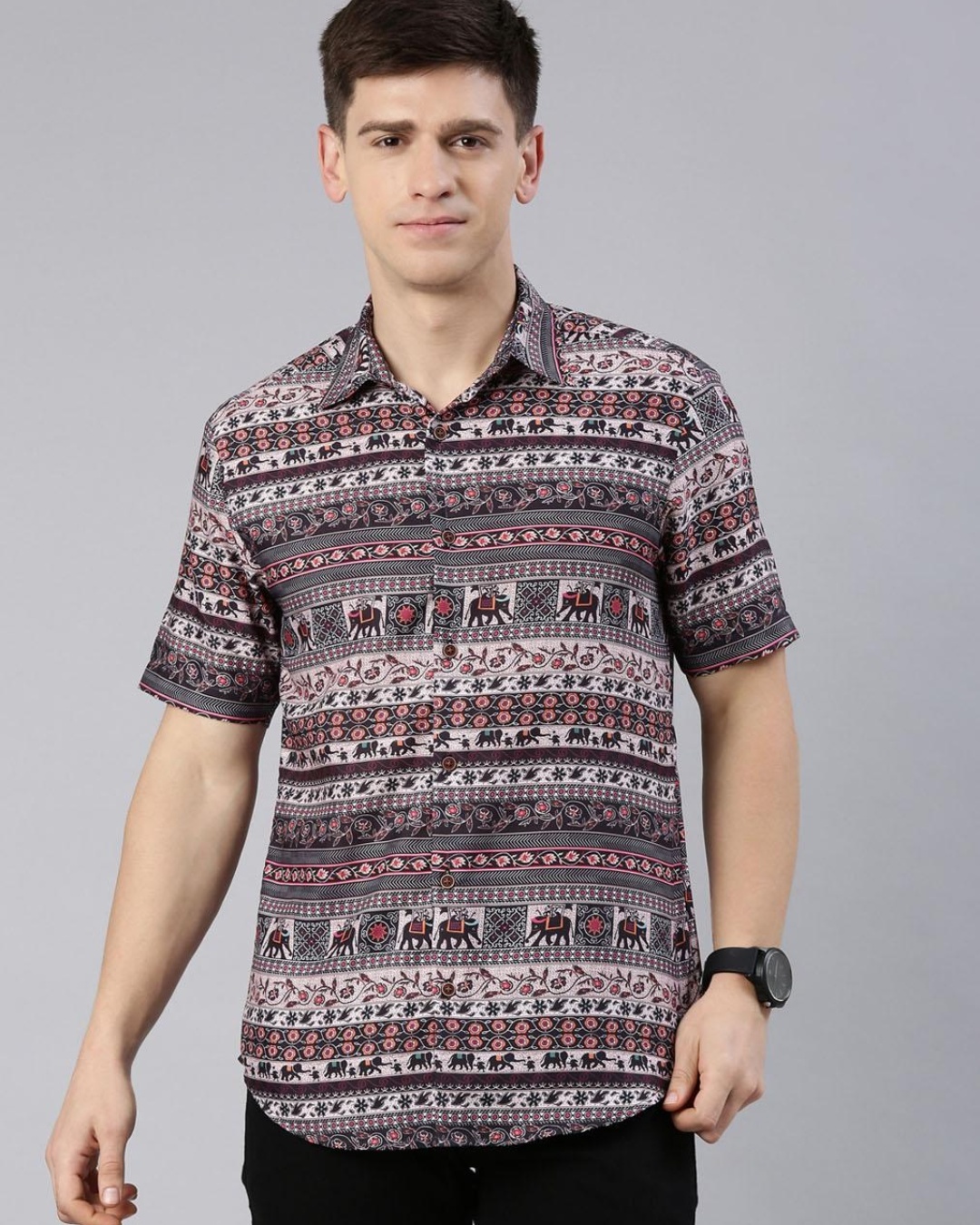Buy Men's Brown Tribe Ethnic Motif Printed Slim Fit Shirt Online at ...