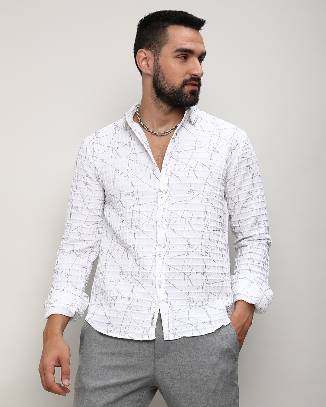Buy Men's White All Over Printed Textured Shirt Online at Bewakoof