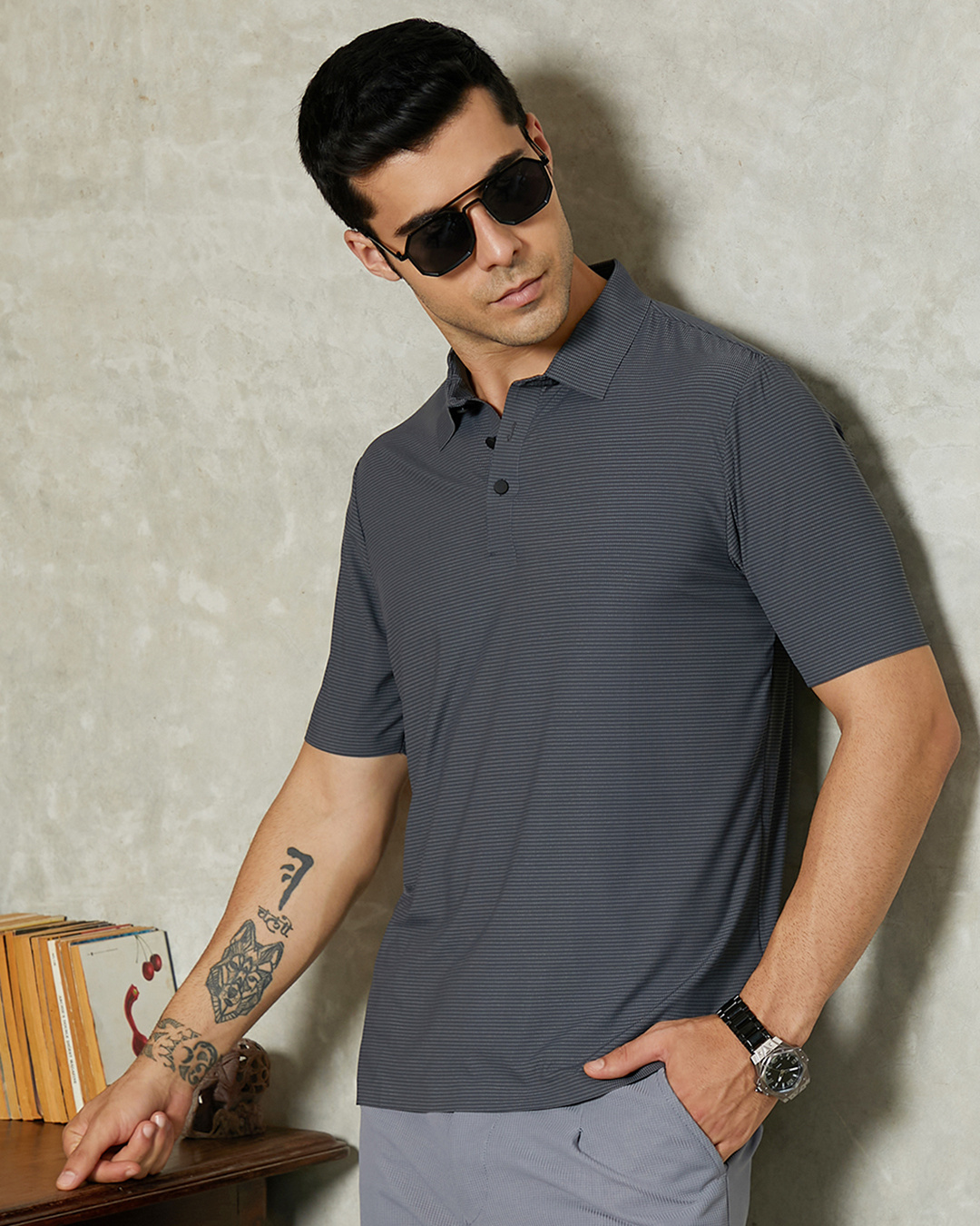 Buy Men's Charcoal Grey Textured Polo T-shirt Online at Bewakoof