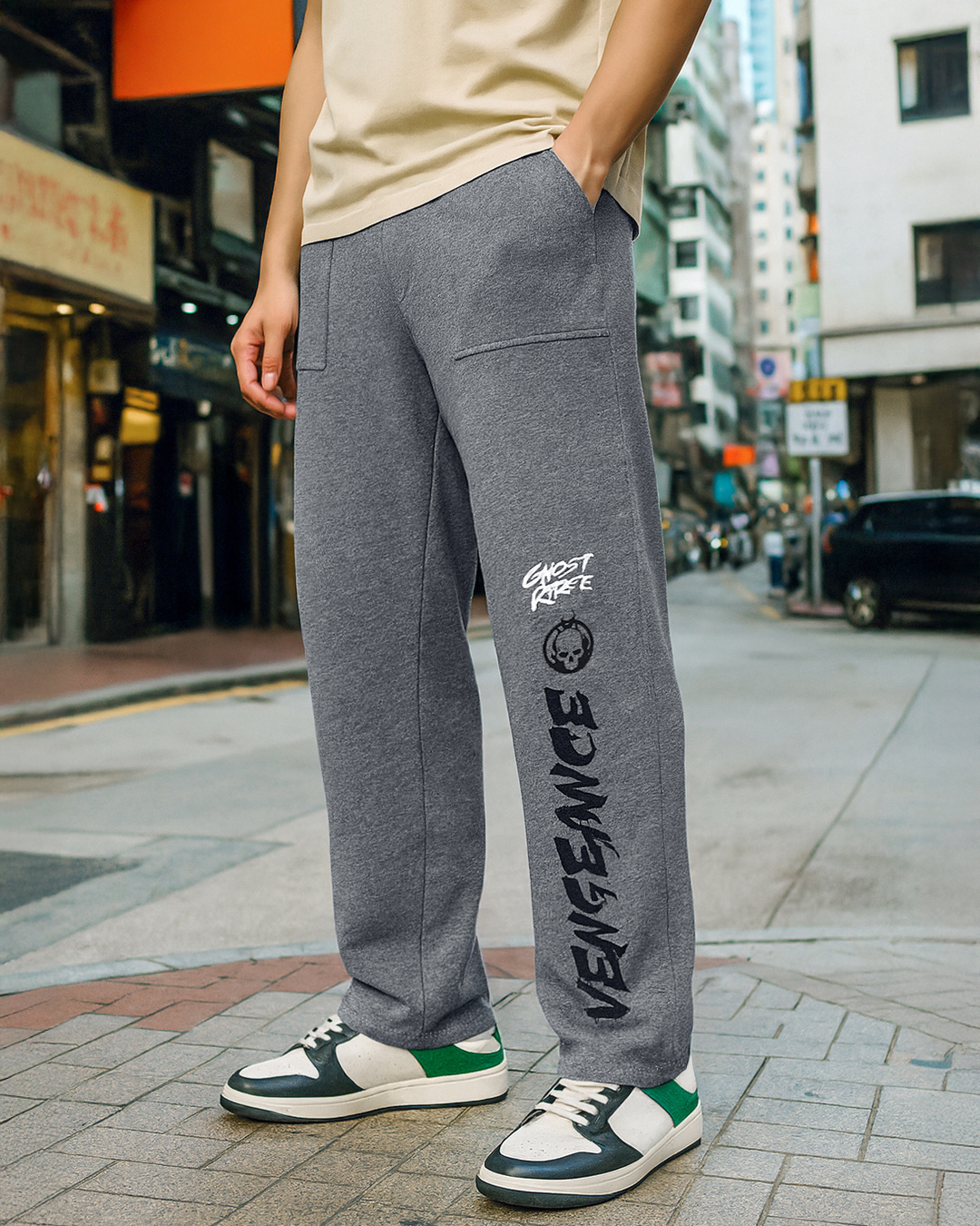 Buy Men's Charcoal Grey Vengeance Typography Oversized Track Pants ...