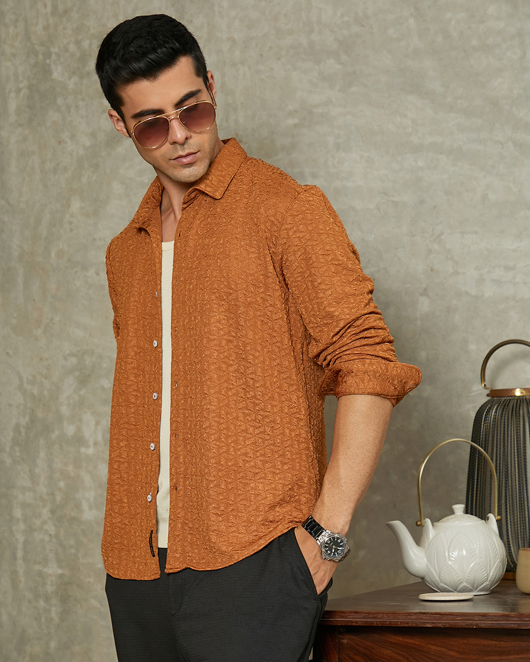 Buy Men's Copper Brown Textured Shirt Online at Bewakoof