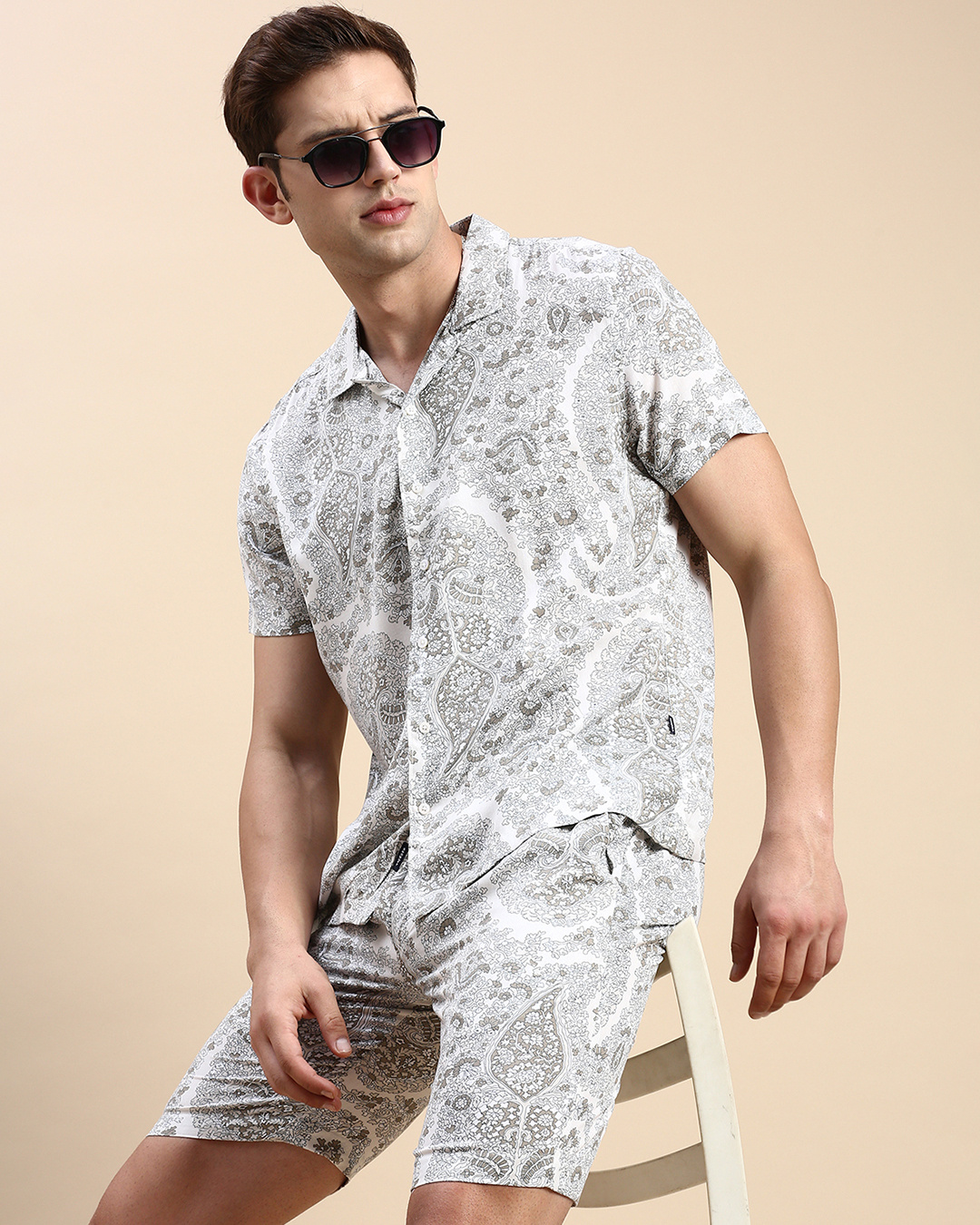 Buy Mens Cream All Over Printed Slim Fit Co Ordinates Online In India