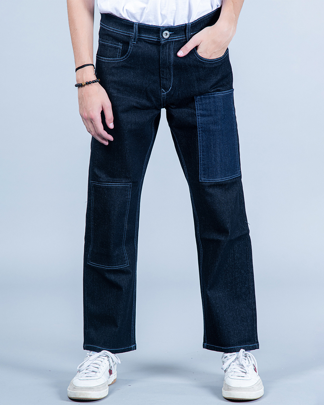 Buy Men's Dark Blue Color Block Straight Fit Jeans Online at Bewakoof