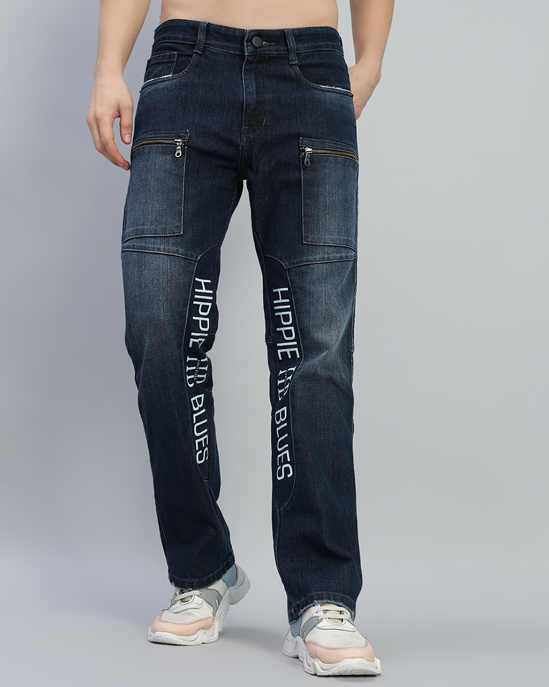 Buy Men's Dark Blue Washed Relaxed Fit Cargo Jeans Online at Bewakoof