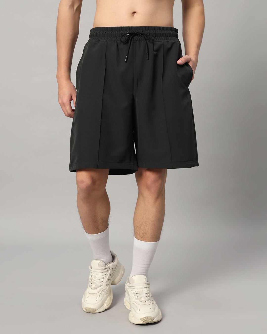 Buy Men's Dark Grey Front Pleated Relaxed Fit Shorts Online at Bewakoof