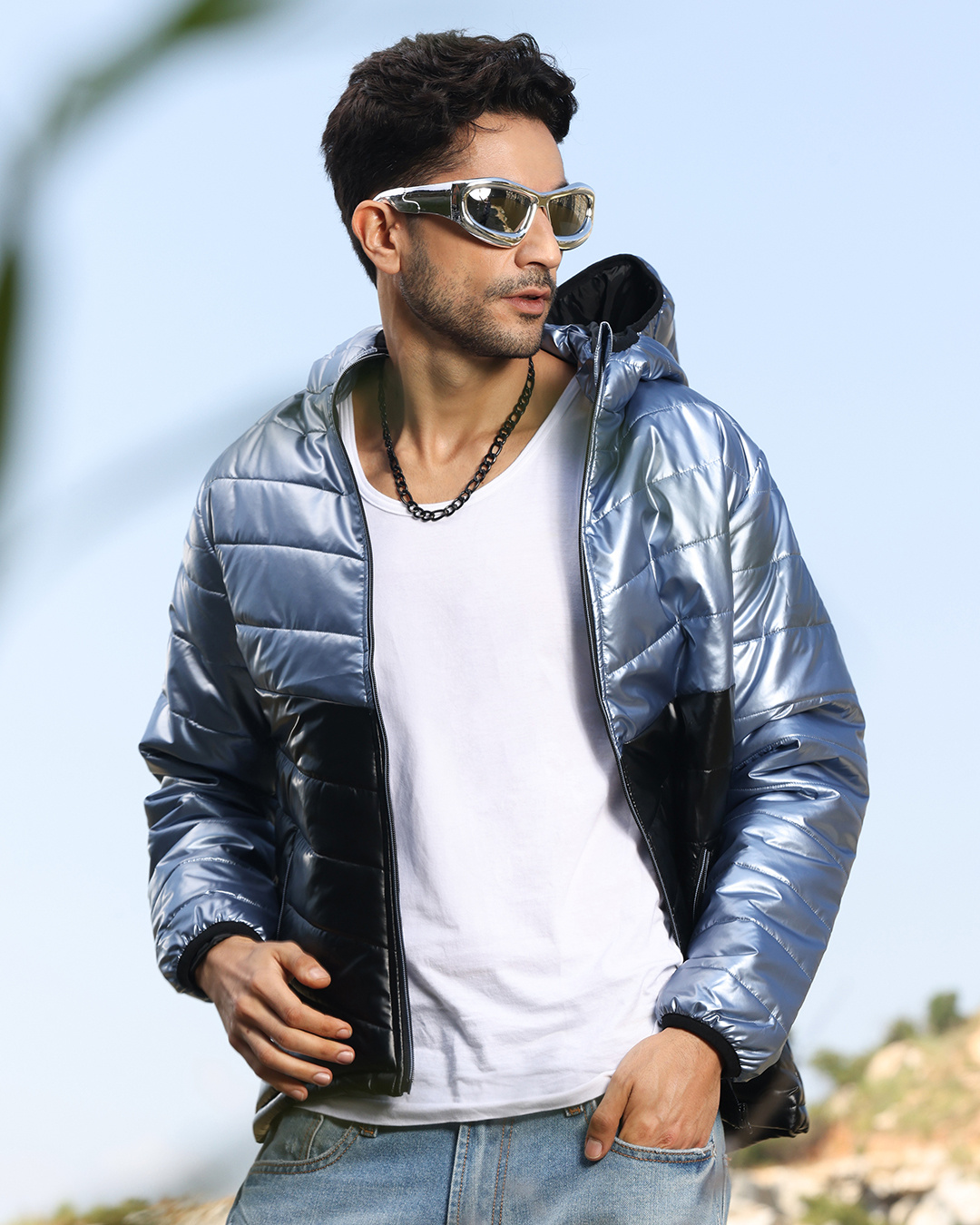 Buy Men's Electric Blue & Black Color Block Puffer Jacket Online at ...