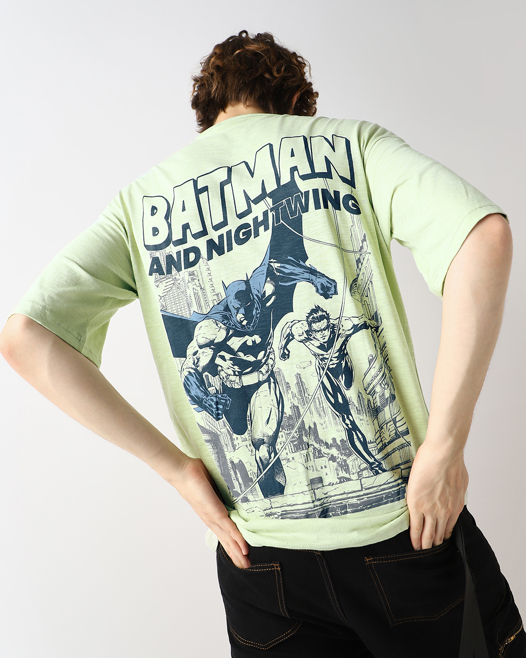 Buy Men's Fog Green Batman & Nightwing Graphic Printed Oversized T ...