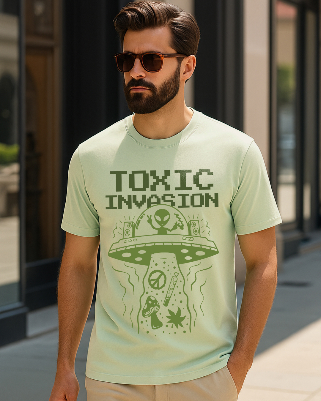 Buy Men's Fog Green Toxic Invasion Graphic Printed T-shirt Online at ...