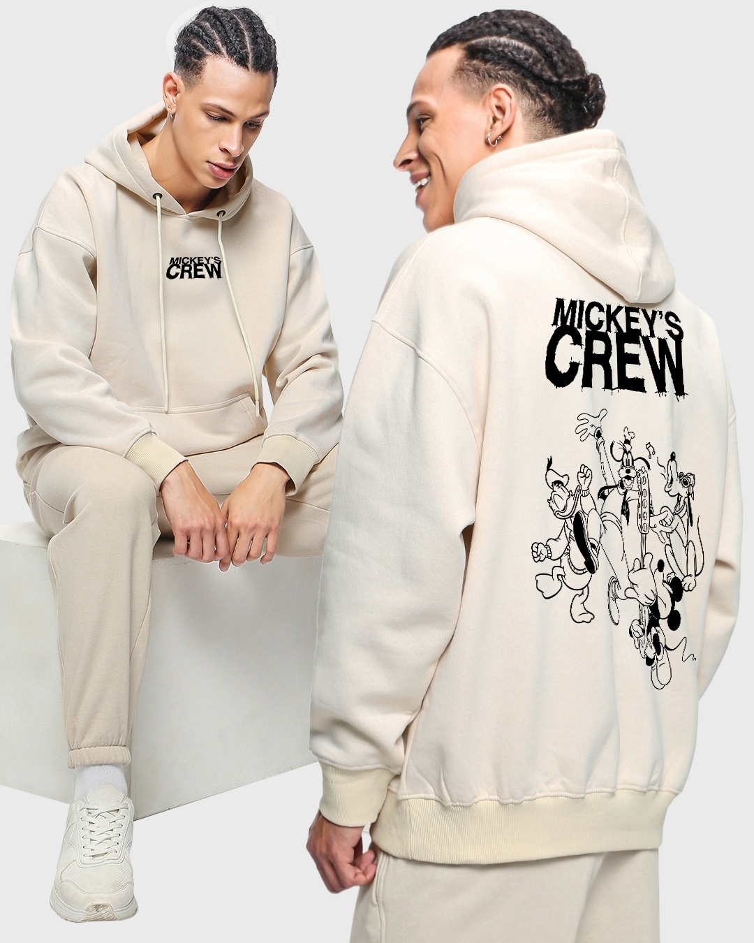 Buy Men's Gardenia Party With Mickey's Crew Graphic Printed Oversized Hoodies Online at Bewakoof