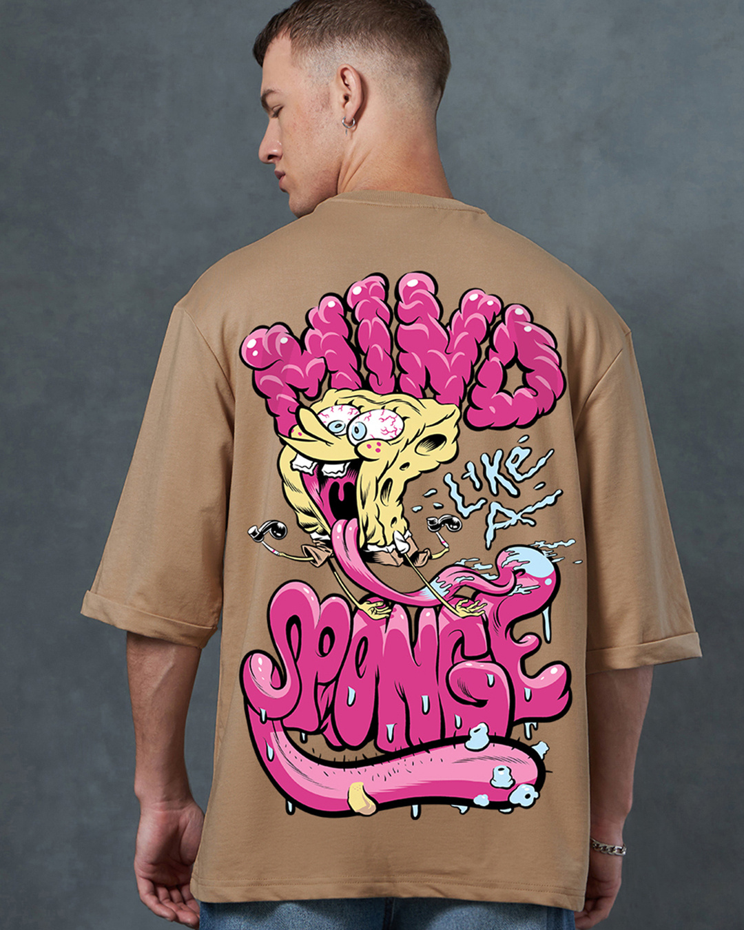 Buy Men's Ginger Root Brown Mind Sponge Graphic Printed Oversized T ...