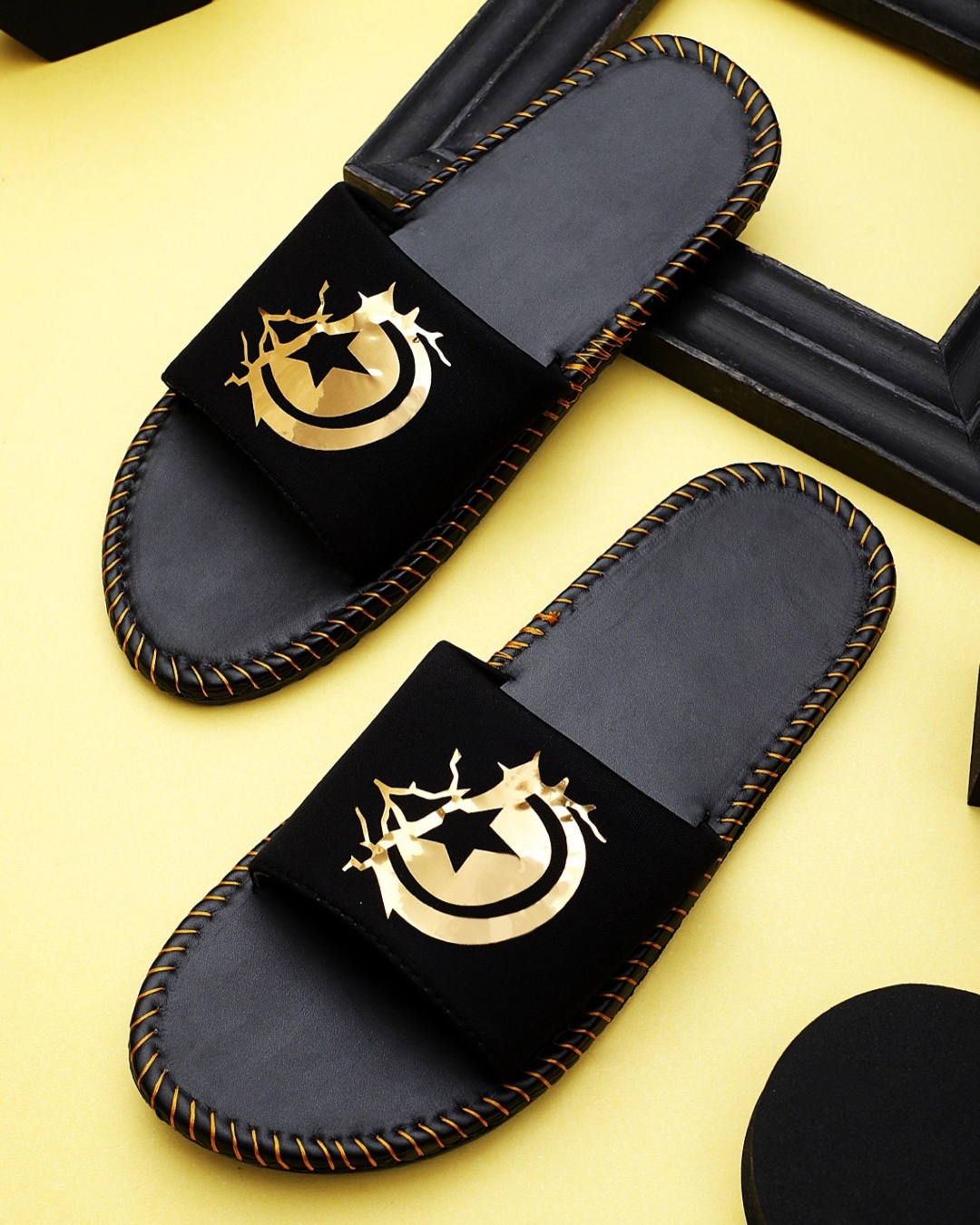 Buy Men's Gold Star Printed Sliders Online in India at Bewakoof