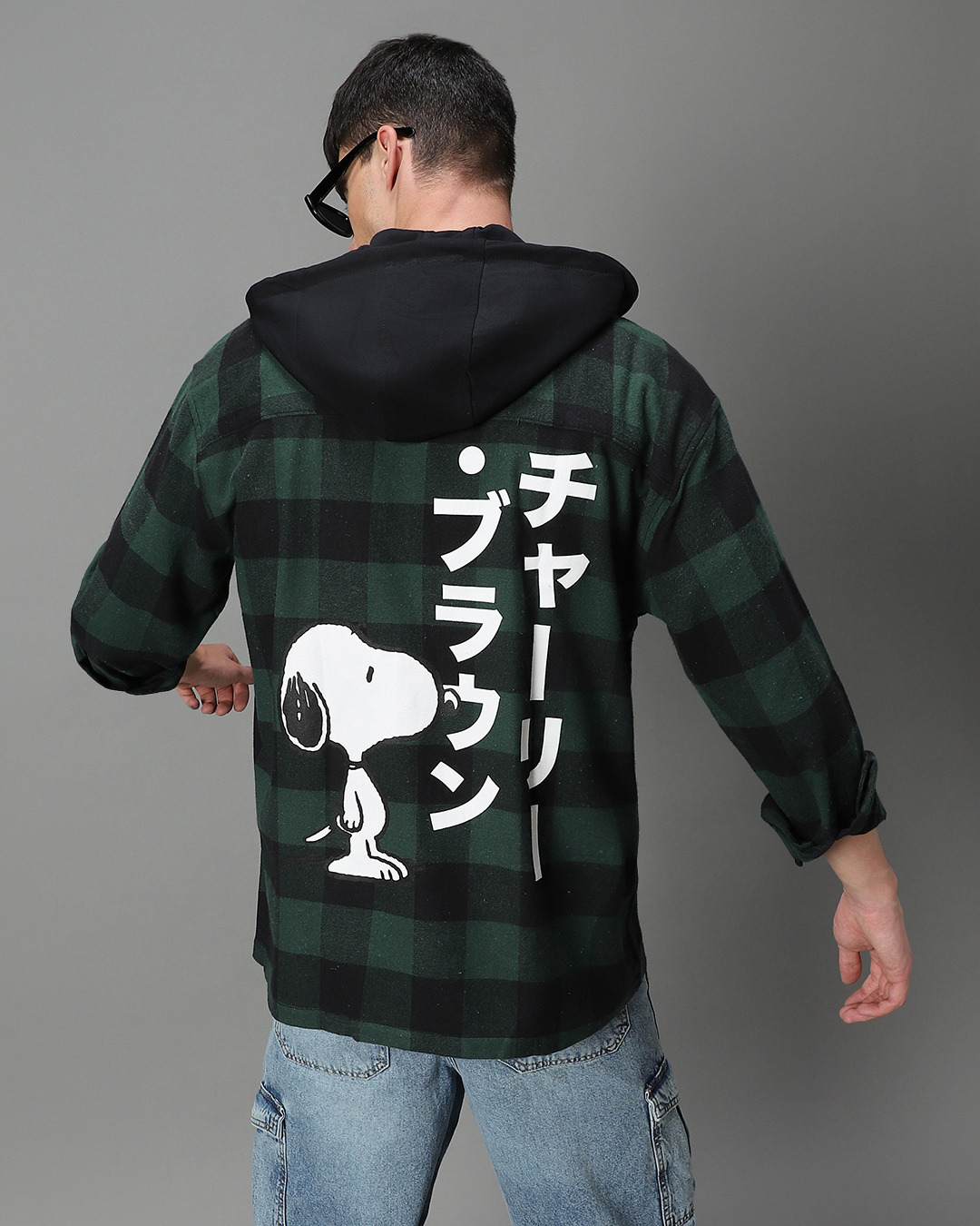 Buy Men's Green & Black Snoopy Checked Oversized Hooded Shirt Online at ...