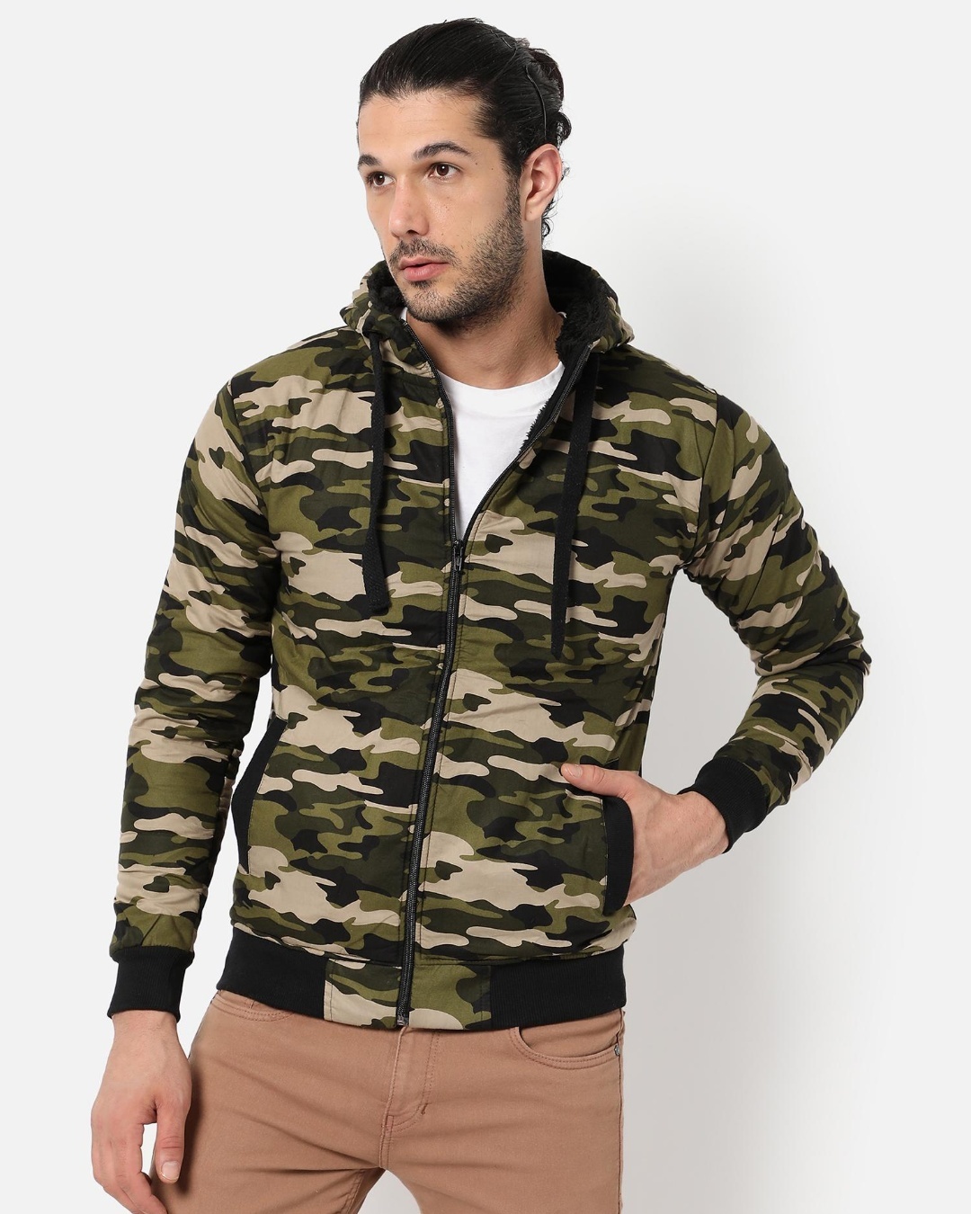 Buy Men's Green Camouflage Hooded Jacket Online at Bewakoof