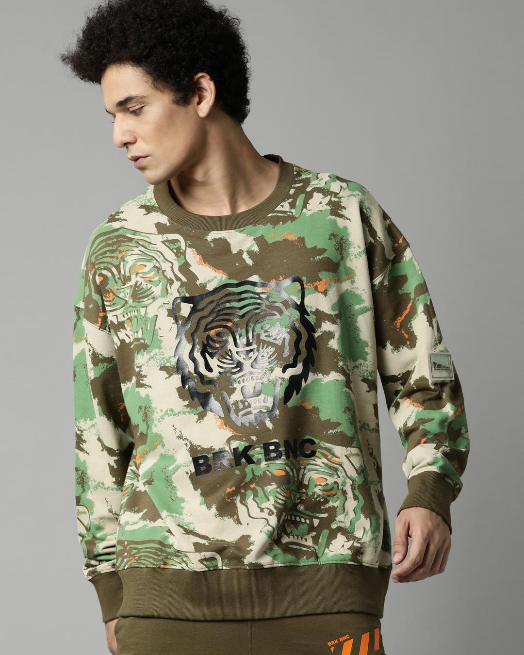 Buy Men's Green Camouflage Tiger Printed Oversized Sweatshirt Online at ...