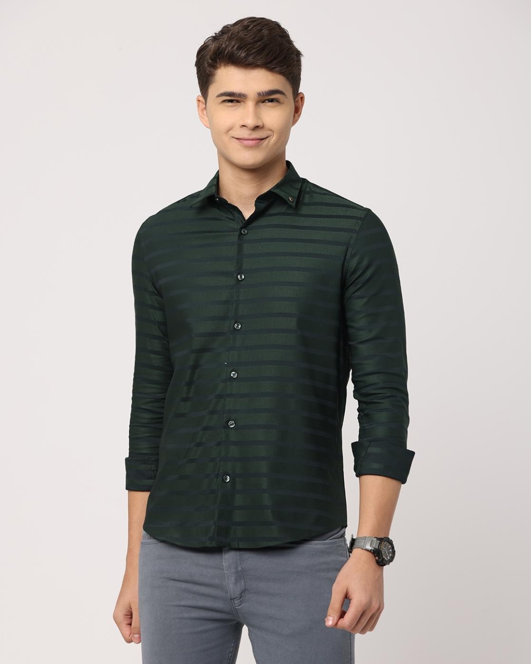 Buy Men's Green Horizontal Striped Slim Fit Shirt Online at Bewakoof
