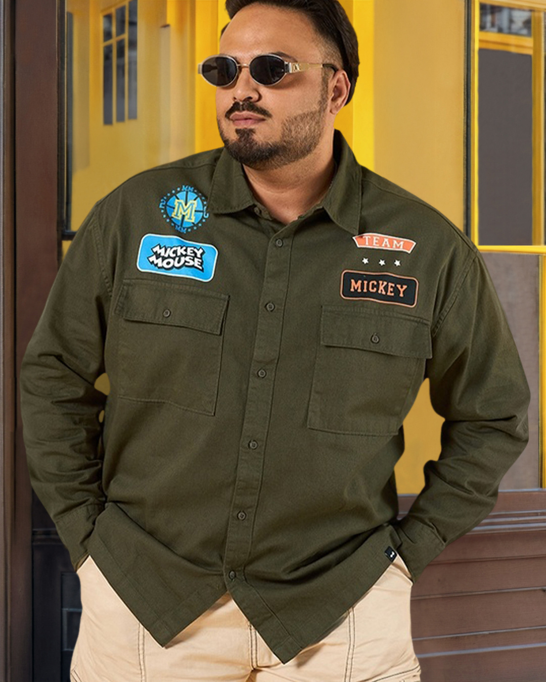 Buy Men's Green Mickey Badge Graphic Printed Oversized Plus Size Shirt ...