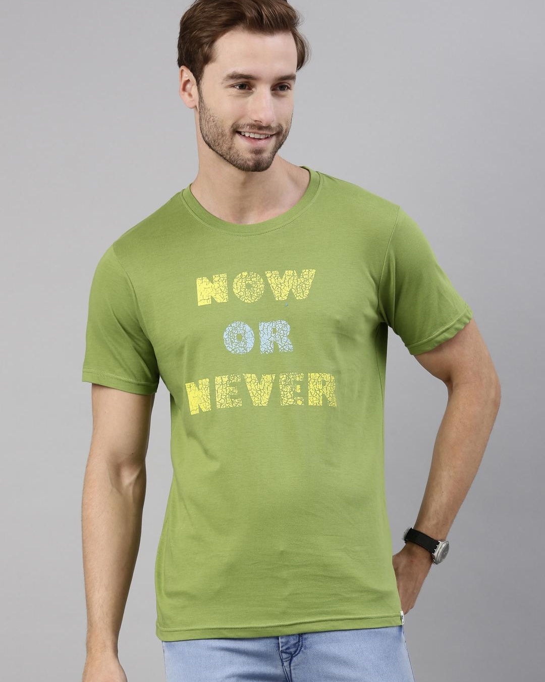 Buy Men's Green Now Or Never Typography T-shirt Online at Bewakoof