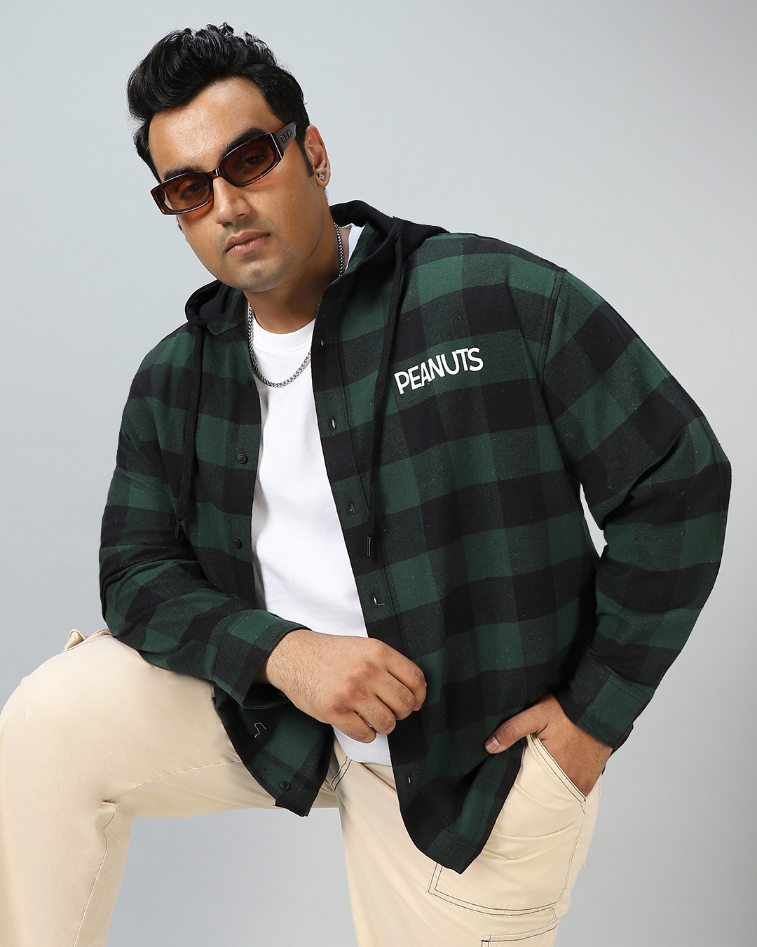 Buy Men's Green Snoopy Checked Oversized Plus Size Hooded Shirt Online ...