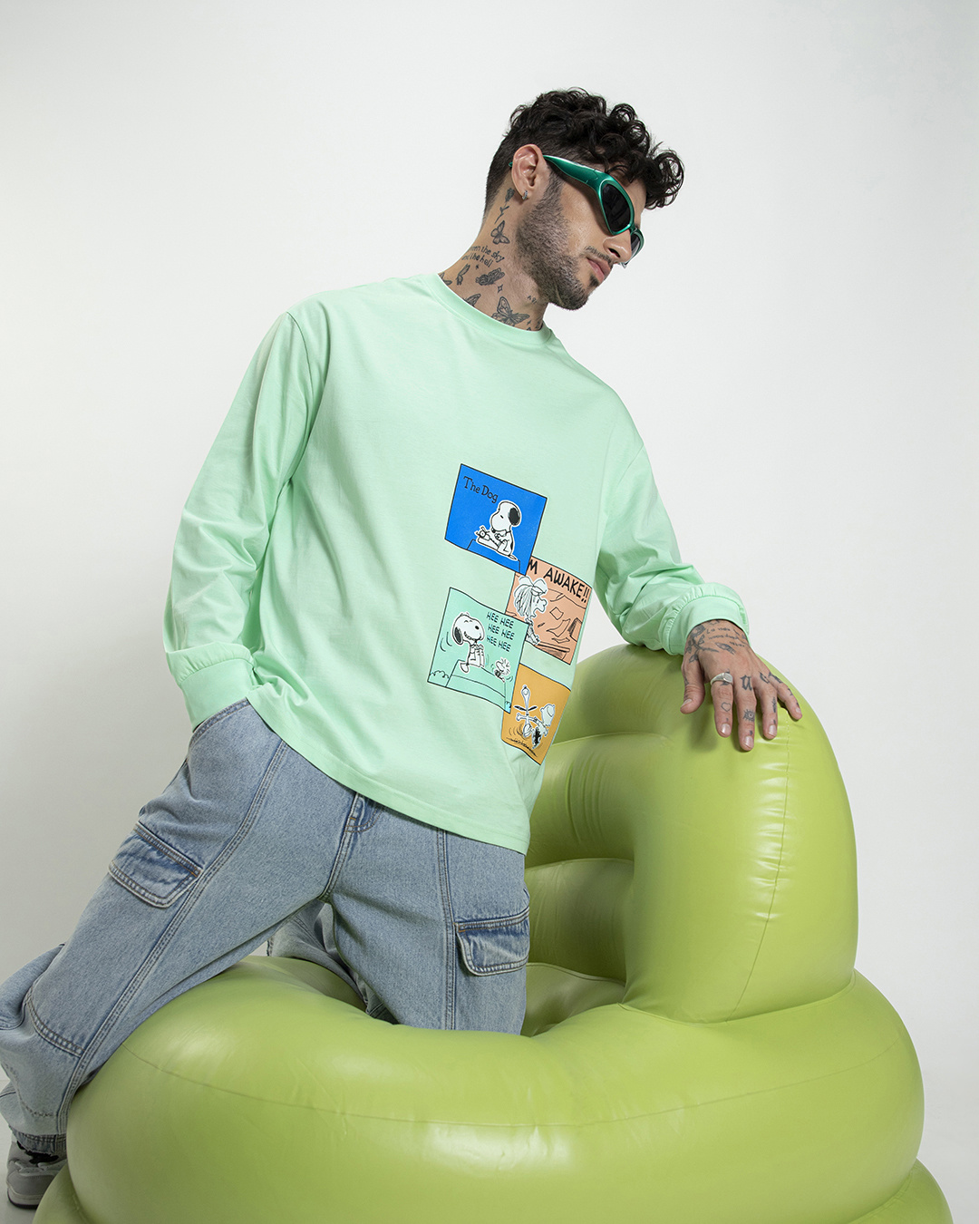 Buy Men's Green Snoopy Stripboard Graphic Printed Oversized T-shirt ...