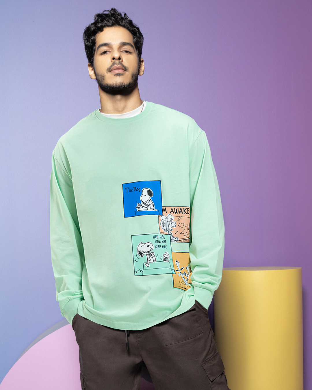 Buy Men's Green Snoopy Stripboard Graphic Printed Oversized T-shirt ...