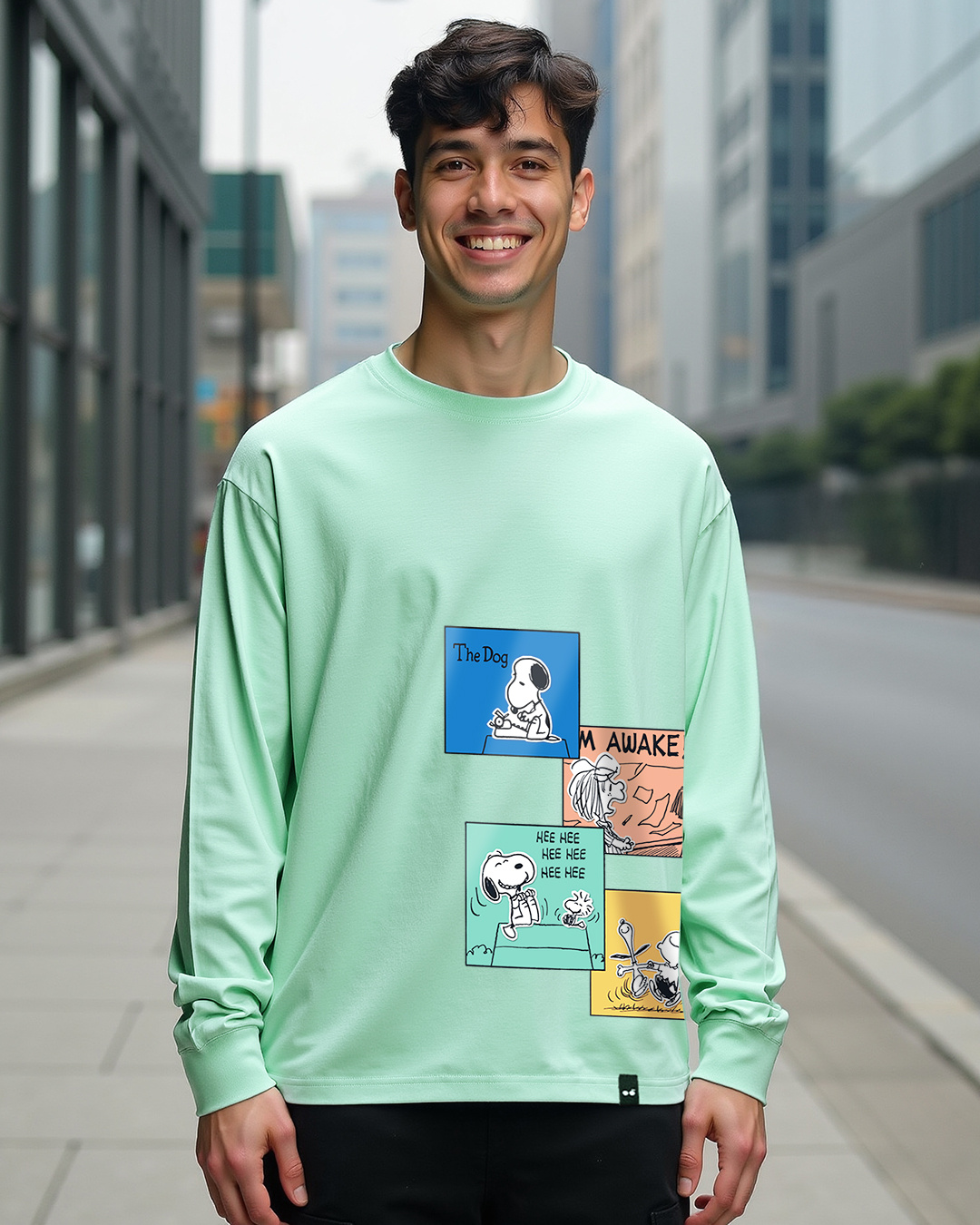 Buy Men's Green Snoopy Stripboard Graphic Printed Oversized T-shirt ...