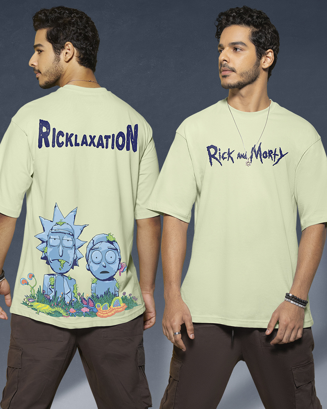 Buy Men's Green Stoned Rick & Morty Graphic Printed Oversized T-shirt ...