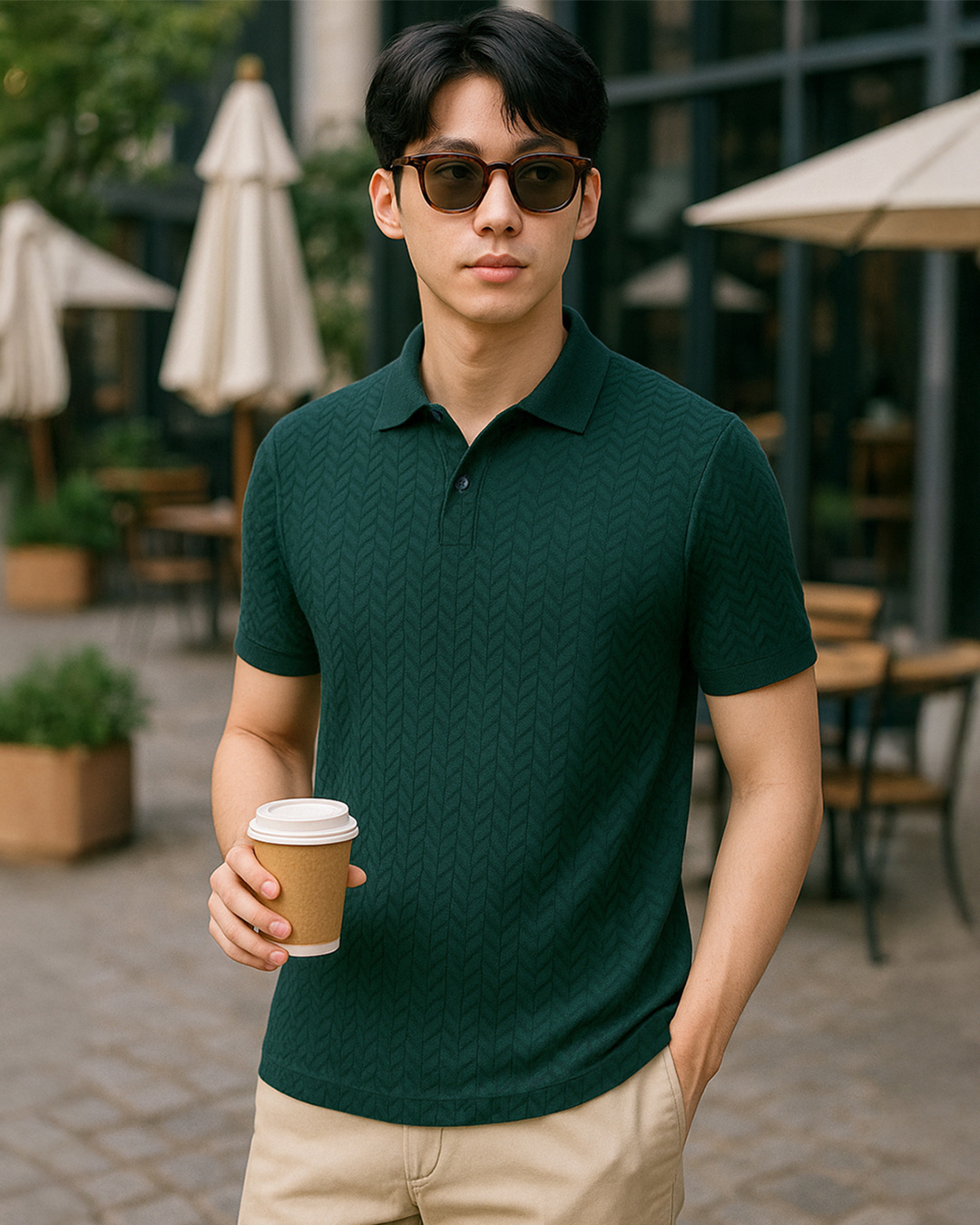 Buy Men's Green Textured Korean Polo T-shirt Online at Bewakoof