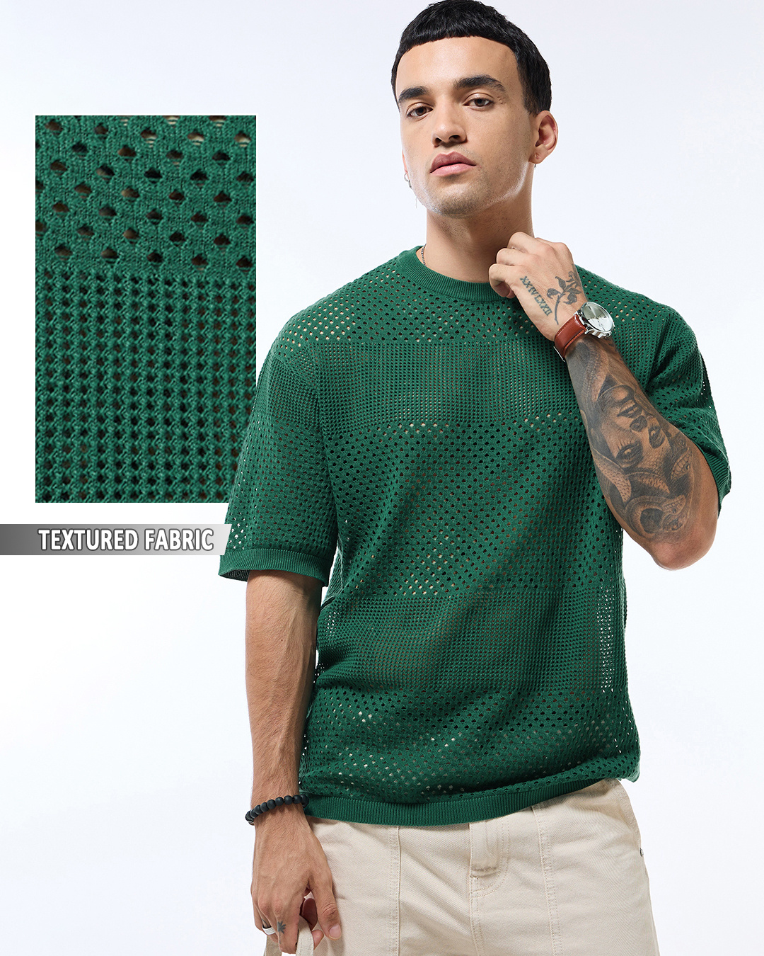 Buy Men's Green Textured Oversized Flatknit T-shirt Online at Bewakoof