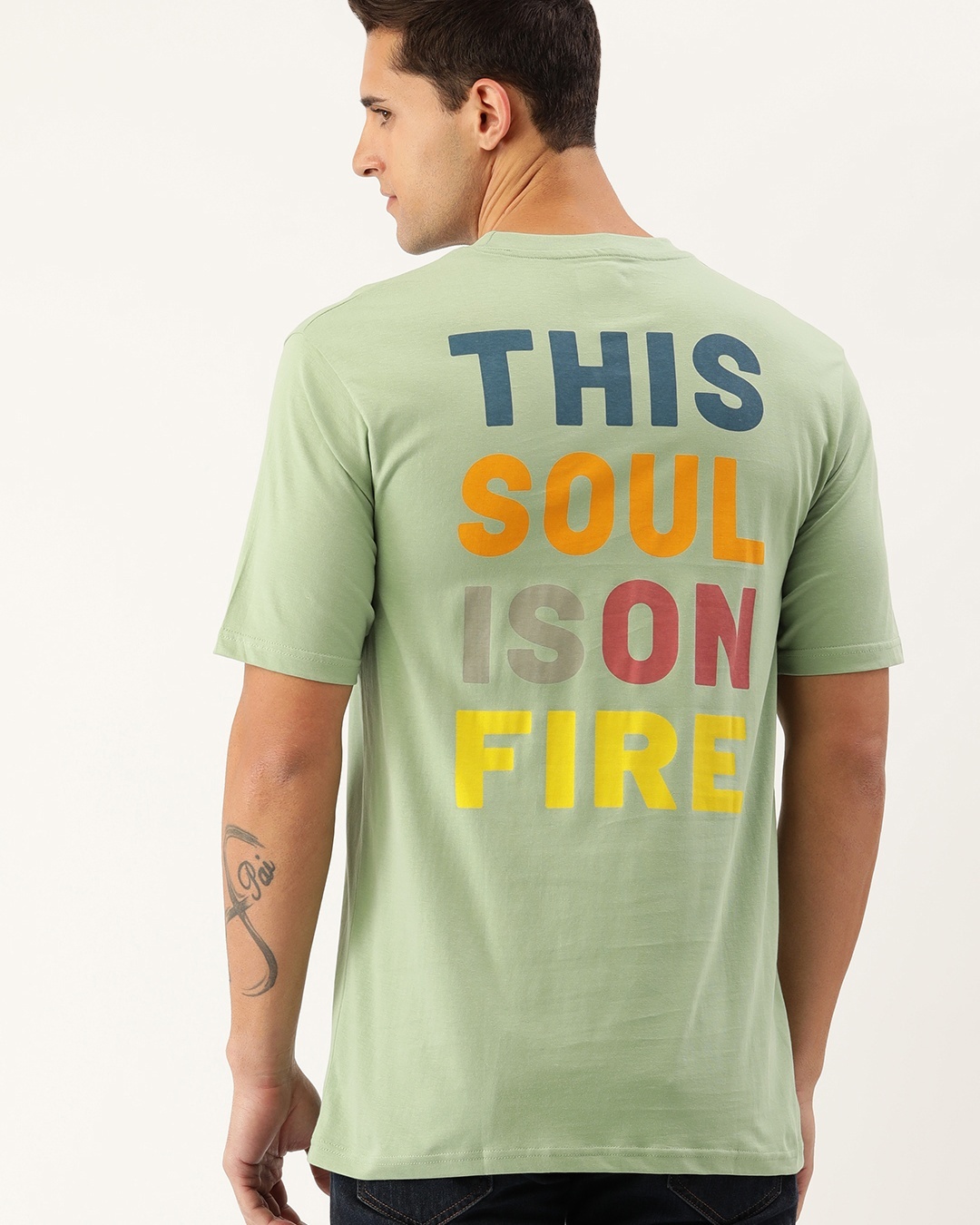 Buy Men's Green This Soul Is On Fire Typography Oversized T-shirt ...