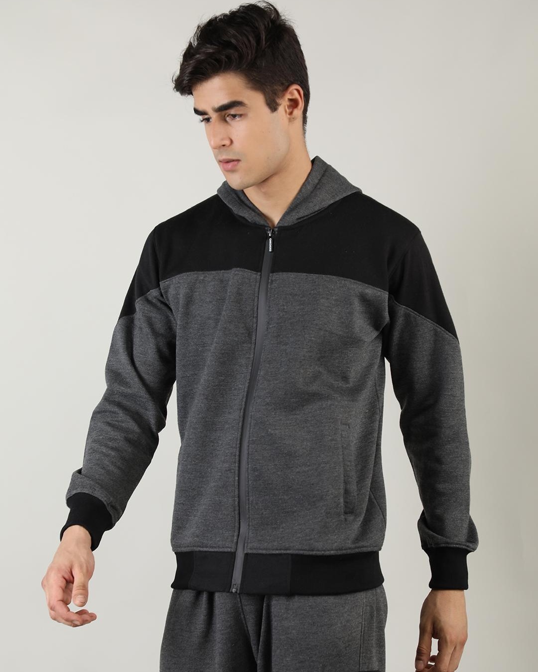 Buy Men's Grey & Black Color Block Hooded Jacket Online at Bewakoof