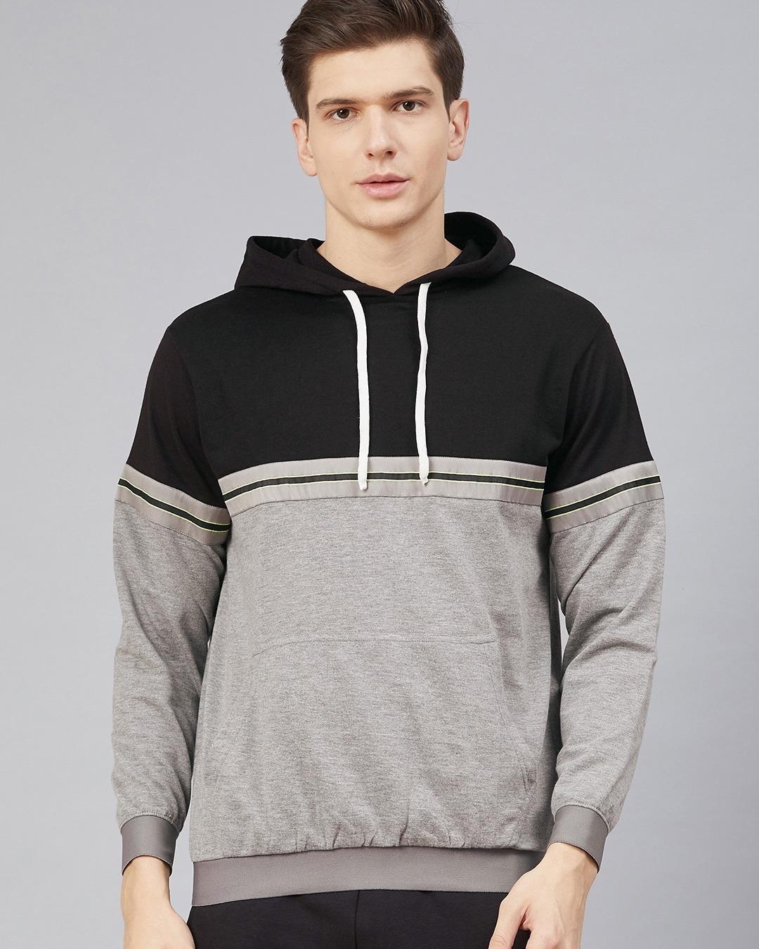 Buy Men's Grey & Black Color Block Hoodie Online at Bewakoof