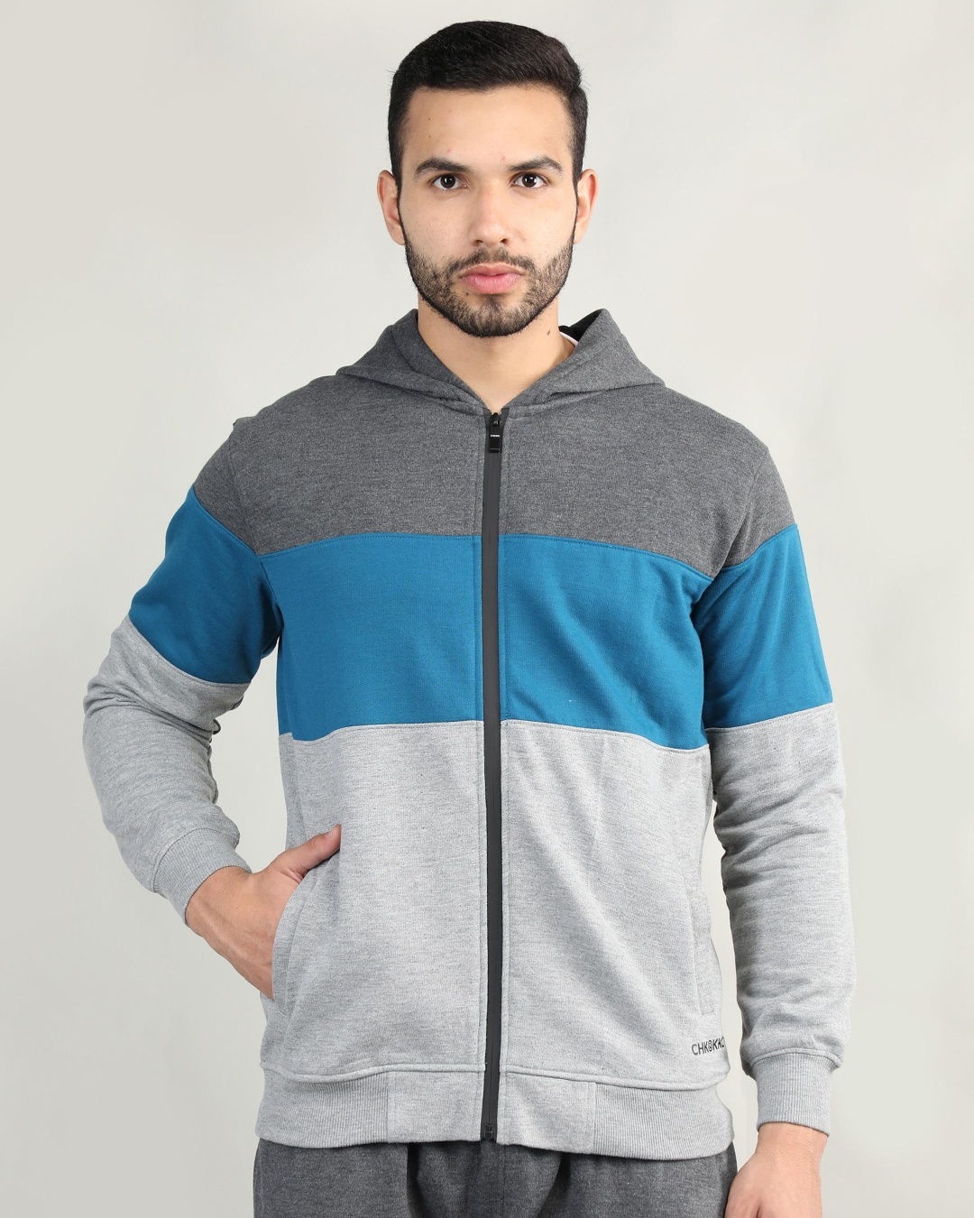 Buy Men's Grey & Blue Color Block Hooded Jacket Online at Bewakoof