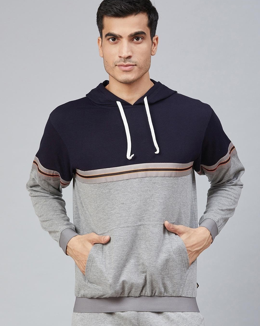 Buy Men's Grey & Blue Color Block Hoodie Online at Bewakoof