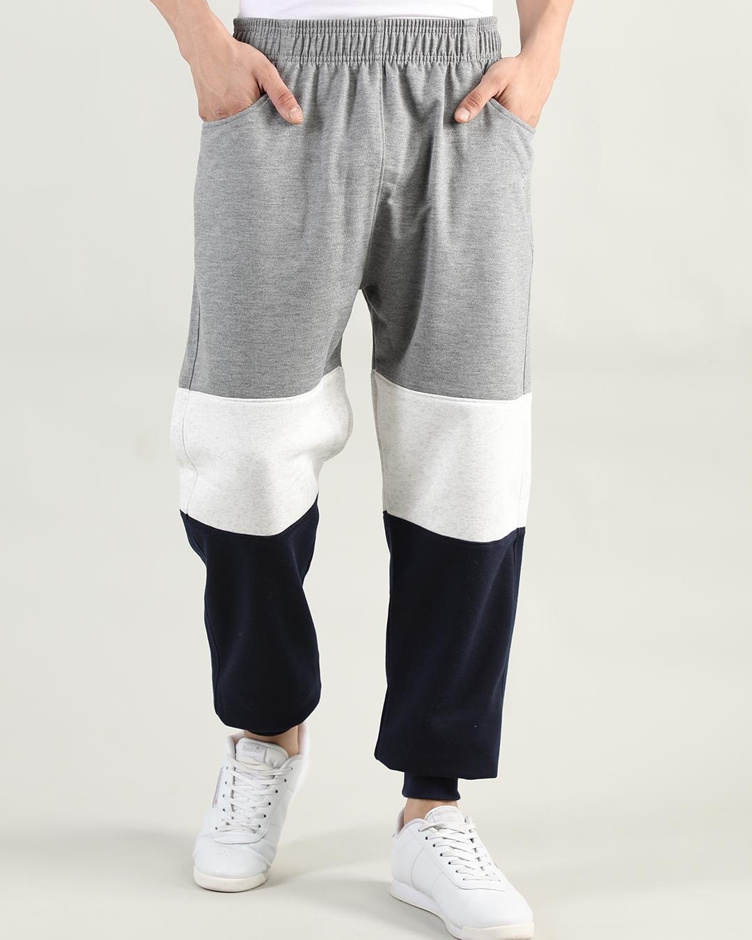 Buy Men's Grey & Blue Color Block Track Pants Online at Bewakoof