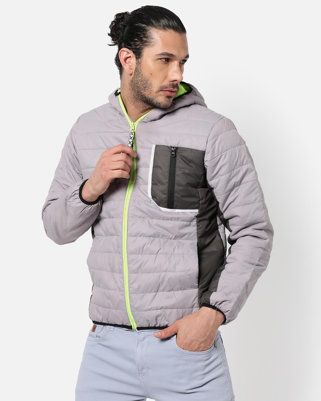 Buy Men's Grey and Black Color Block Hooded Jacket Online at Bewakoof