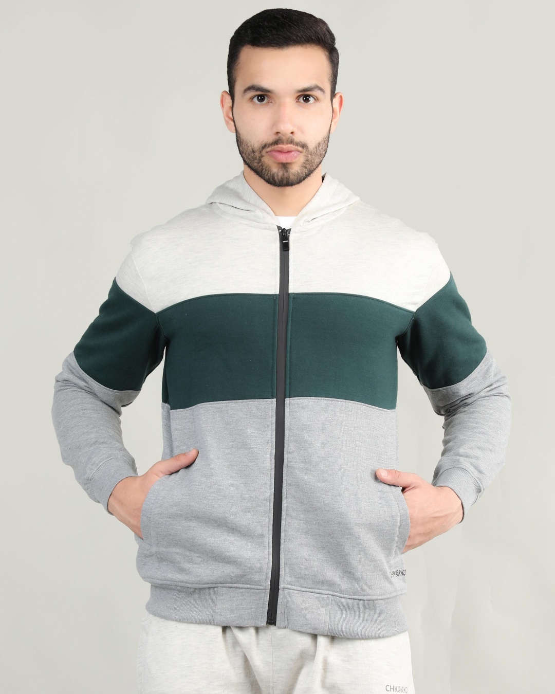 Buy Men's Grey & Green Color Block Hooded Jacket Online at Bewakoof