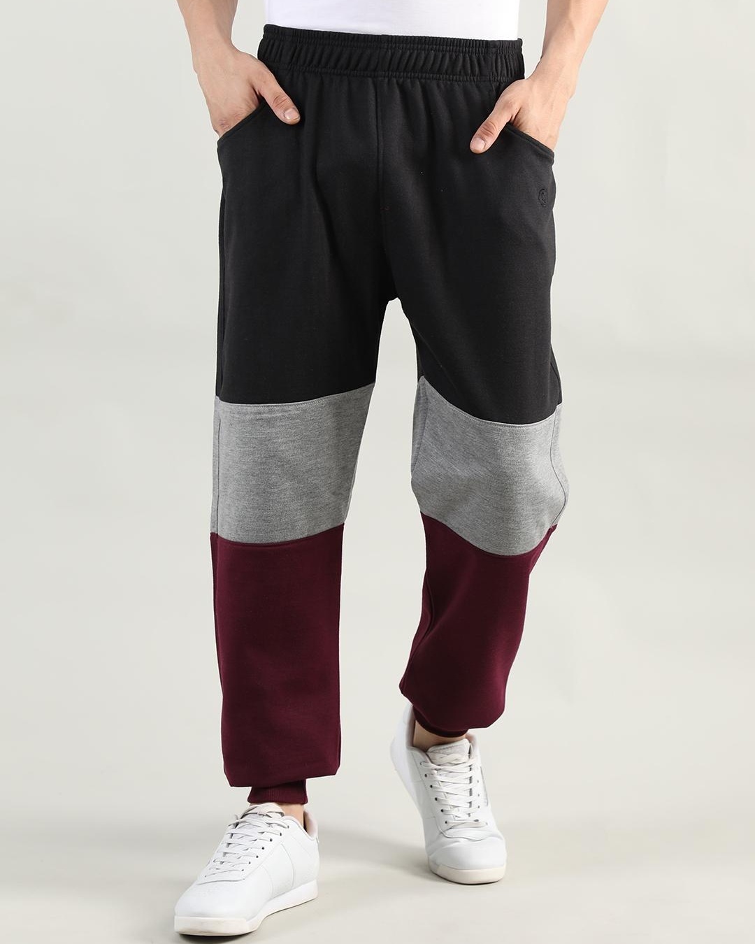 Buy Men's Grey & Maroon Color Block Track Pants Online at Bewakoof