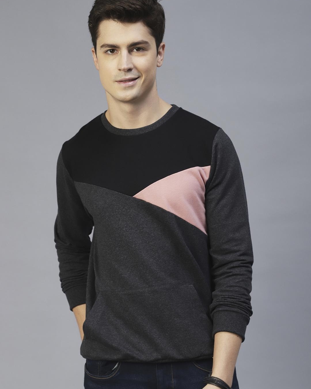 Buy Men's Grey and Pink Color Block Sweatshirt Online at Bewakoof