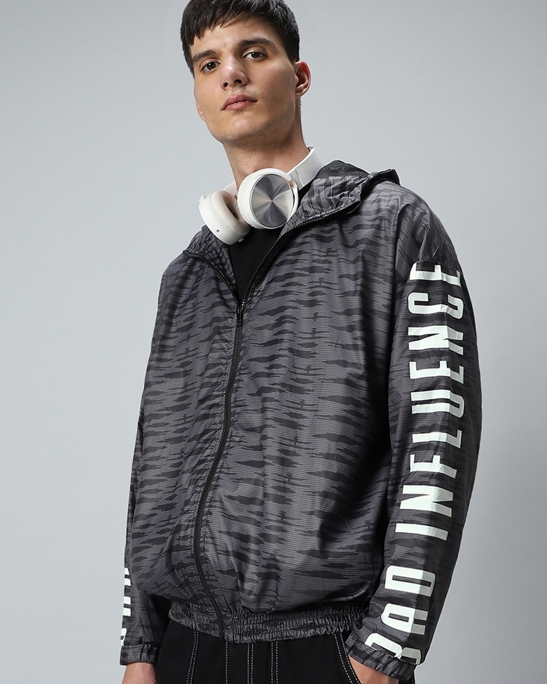 Buy Men's Grey Bad Influence Typography Super Loose Fit Windcheater ...