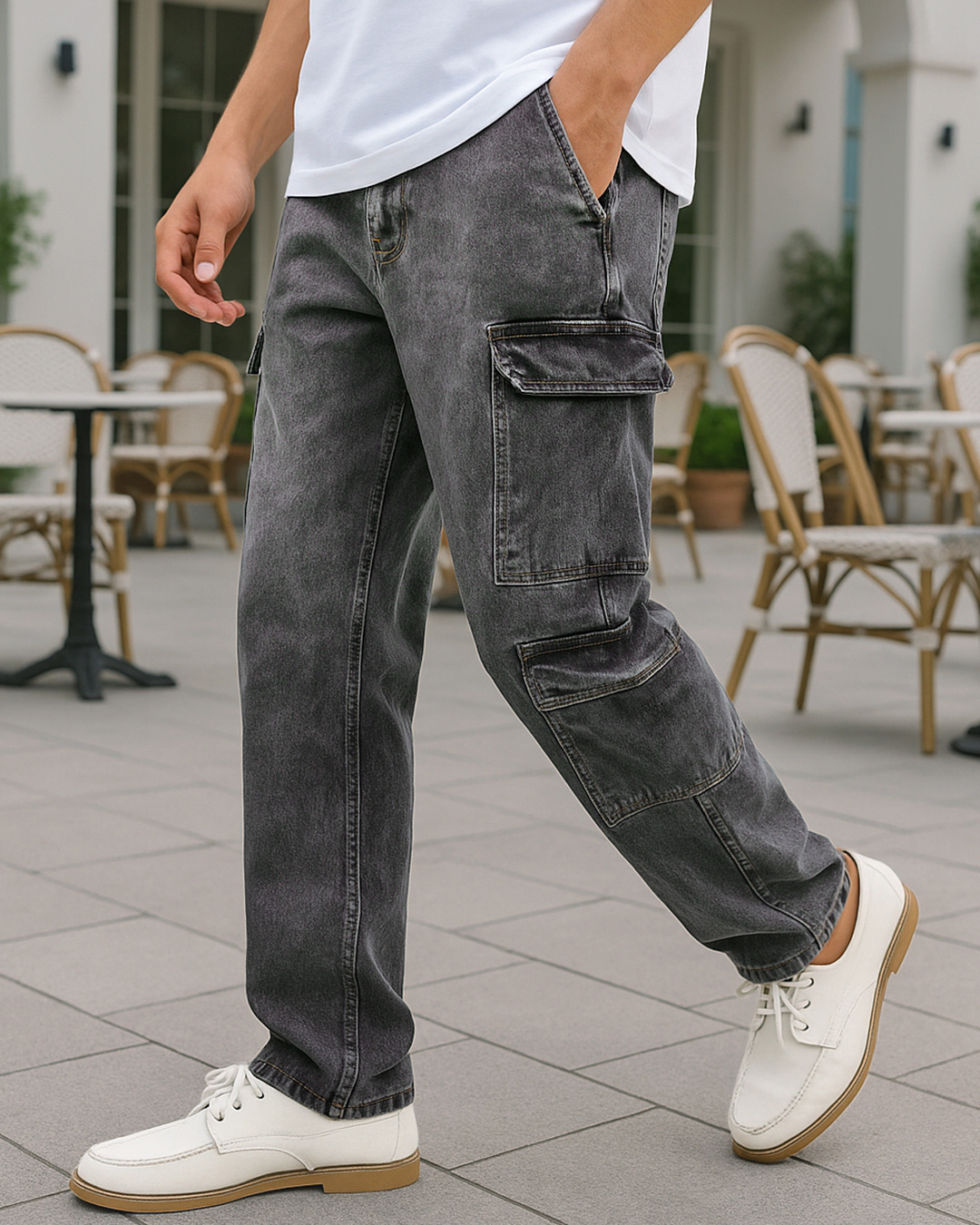 Buy Men's Grey Baggy Fit Washed Cargo Mid-Rise Jeans Online at Bewakoof
