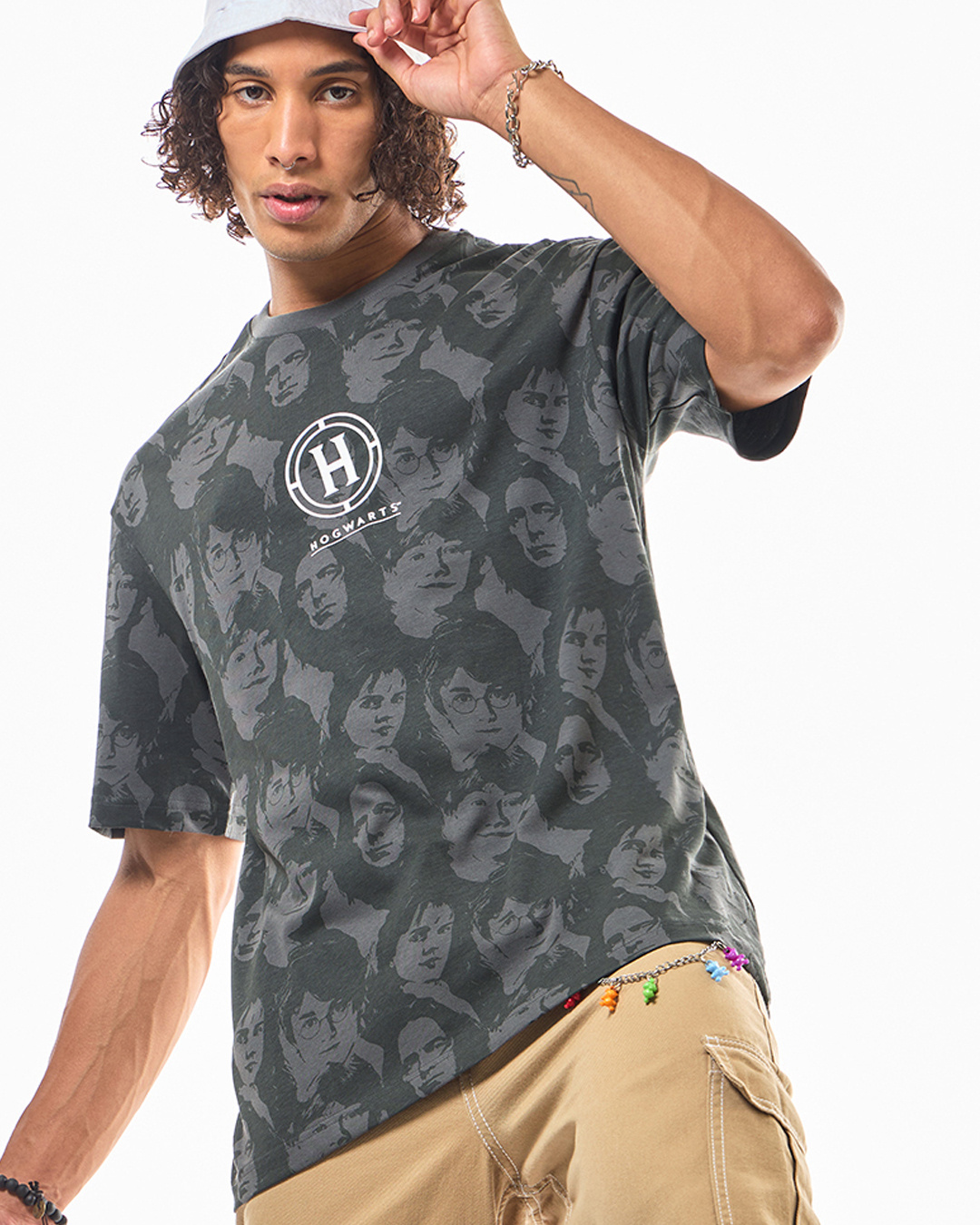 Buy Men's Grey & Black Hogwarts All Over Printed Oversized T-shirt Online at Bewakoof