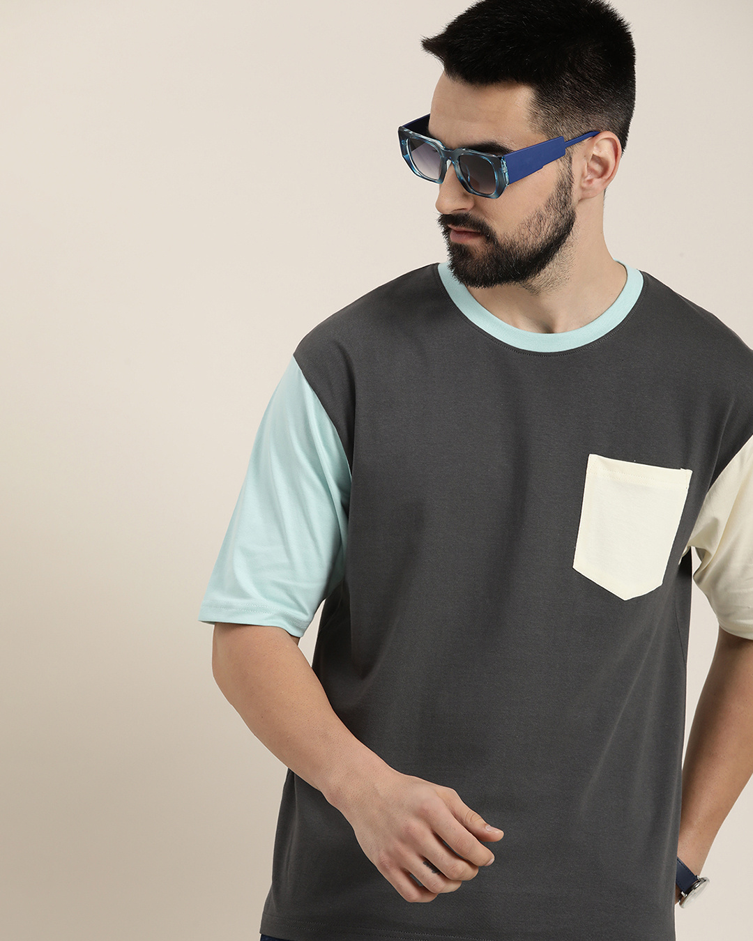 Buy Men's Grey & Blue Color Block Oversized T-shirt Online at Bewakoof