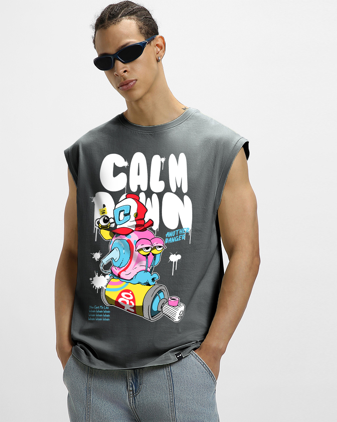 Buy Men's Grey Calm Down Graphic Printed Boxy Fit Vest Online at Bewakoof