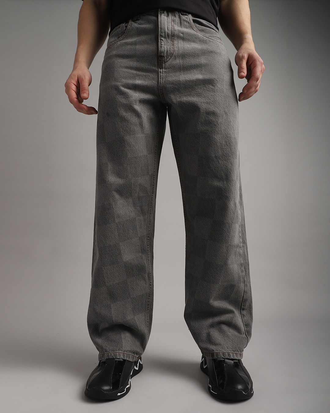 Buy Men's Grey Checked Baggy Relaxed Fit Jeans Online at Bewakoof