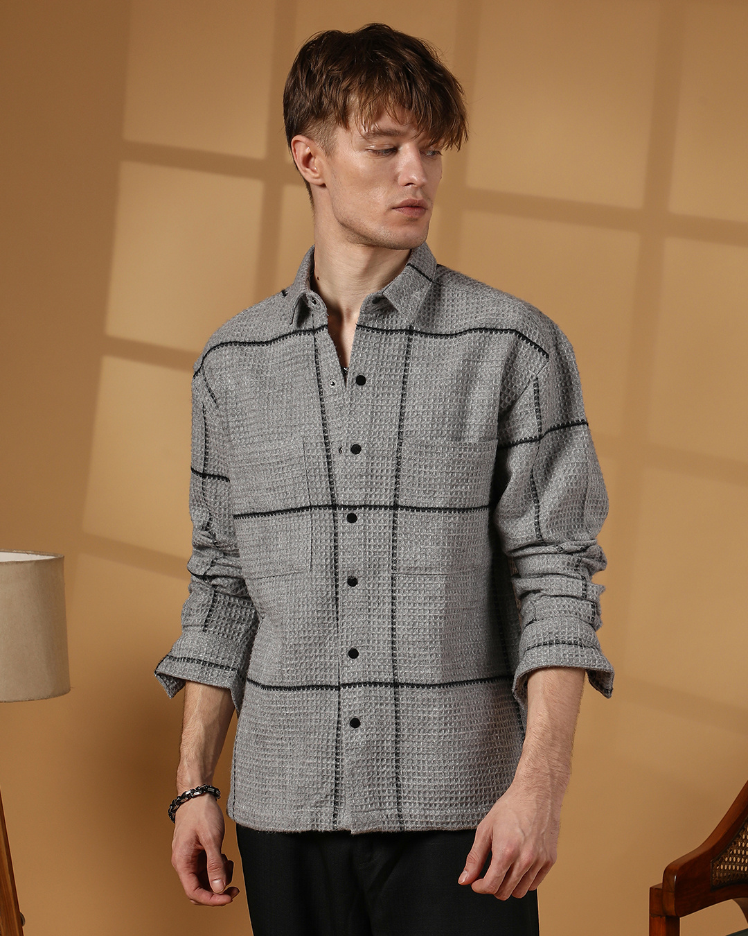 Buy Men's Grey Checked Loose Fit Shacket Online at Bewakoof