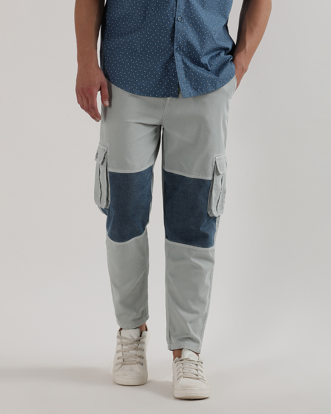 Buy Men's Light Grey Color Block Cargo Trousers Online at Bewakoof