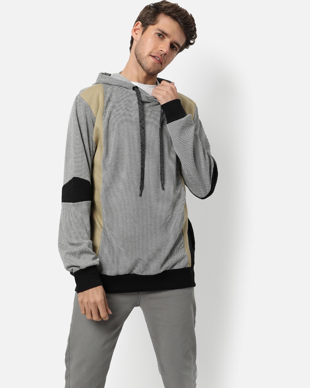 Buy Men's Grey Color Block Hooded Sweatshirt Online at Bewakoof